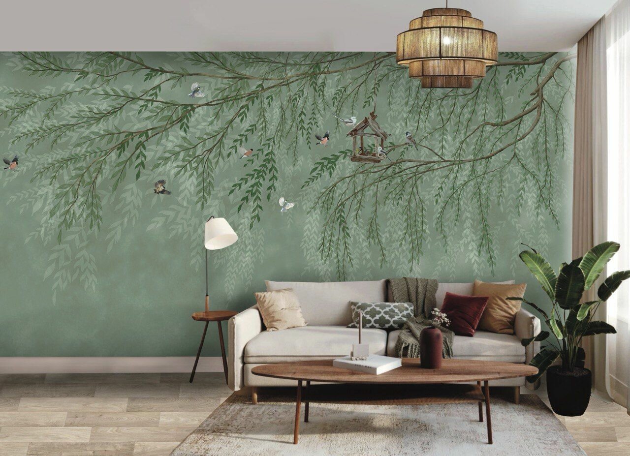 Фреска бесшовная "Маленькая жизнь" оливковый (ширина 2750мм х длина 4000мм)