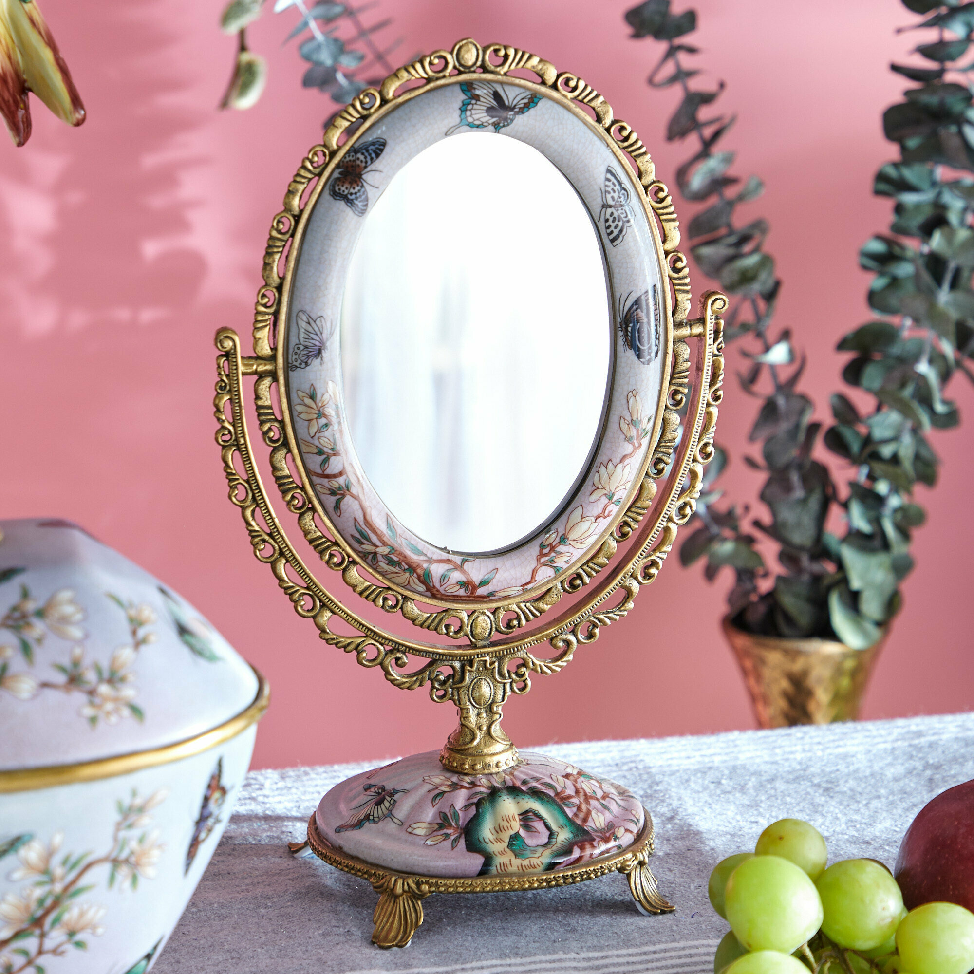 31G2602/C938H/HP1535 Зеркало настольное 13х13х30см, Фарфор, бронза, Glasar