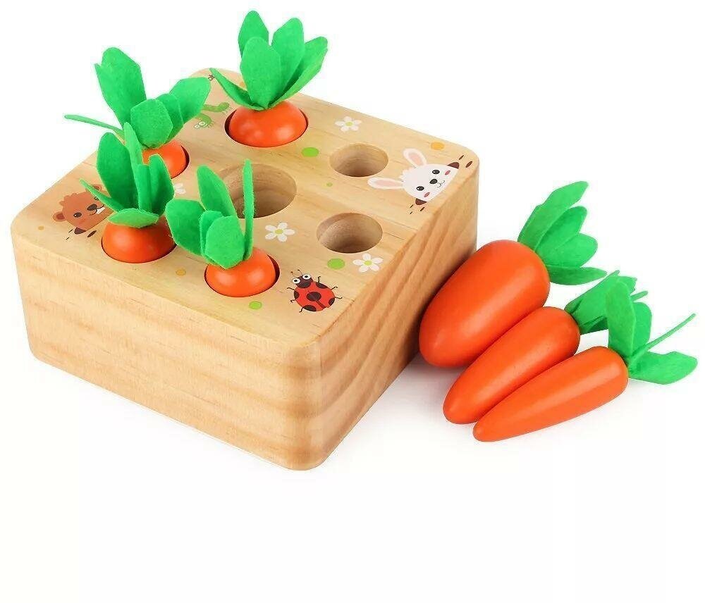 Сортер Монтессори "Морковки", дерево, текстиль, для развития моторики и логики, 8 деталей