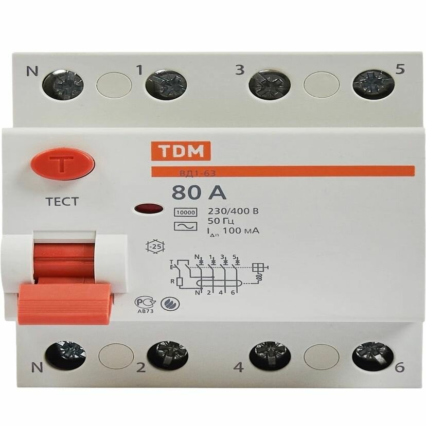 TDM Electric Автоматический выключатель Y30 BД1-63 4P 80A 100mA 4.5kA AC SQ0203-0045