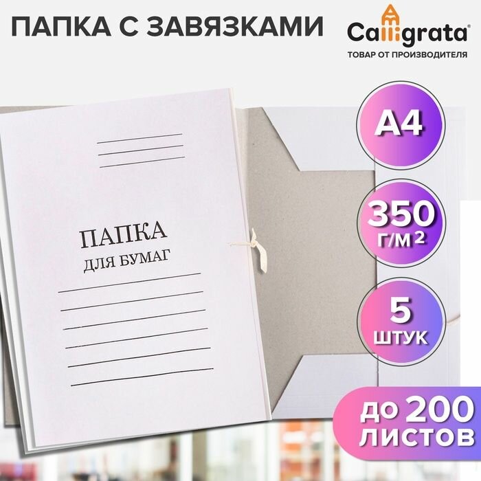 Папки для бумаги Calligrata с завязками, картон мелованный, белый, до 200 листов, 5 шт
