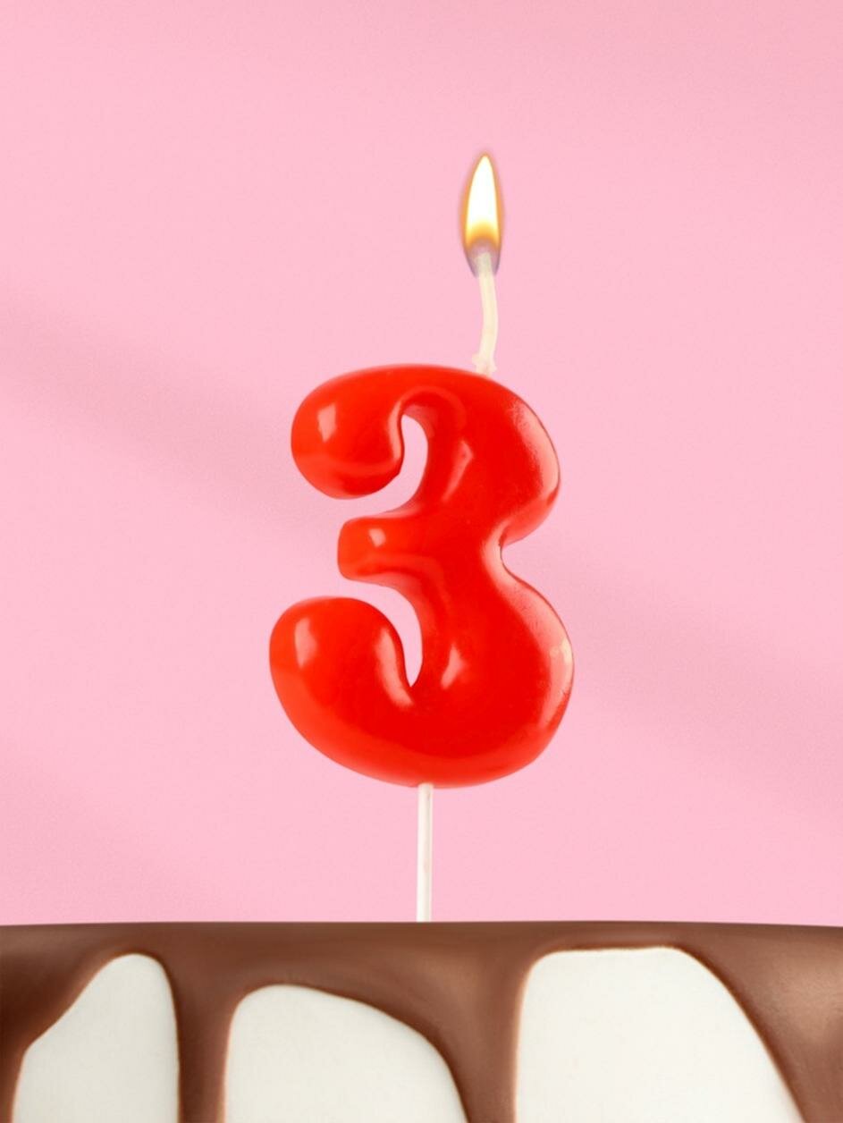 Свеча в торт Омский свечной завод «Красная», цифра 3, цвет красный