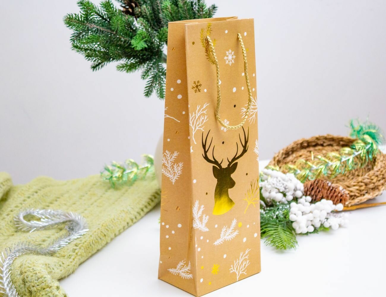 Подарочный пакет для бутылки золотое рождество: олень, 36х13 см, Koopman International ABB302090-1