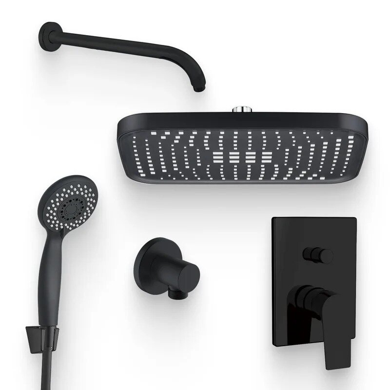 Душевой комплект Смеситель Aquanet Static AF330-51B С внутренней частью, чёрный + Душевая лейка AF000-07B чёрная матовая + Подключение AF330-92B чёрное матовое + Душ Orange S14TSb черный + Кронштейн AF330-91B чёрный матовый