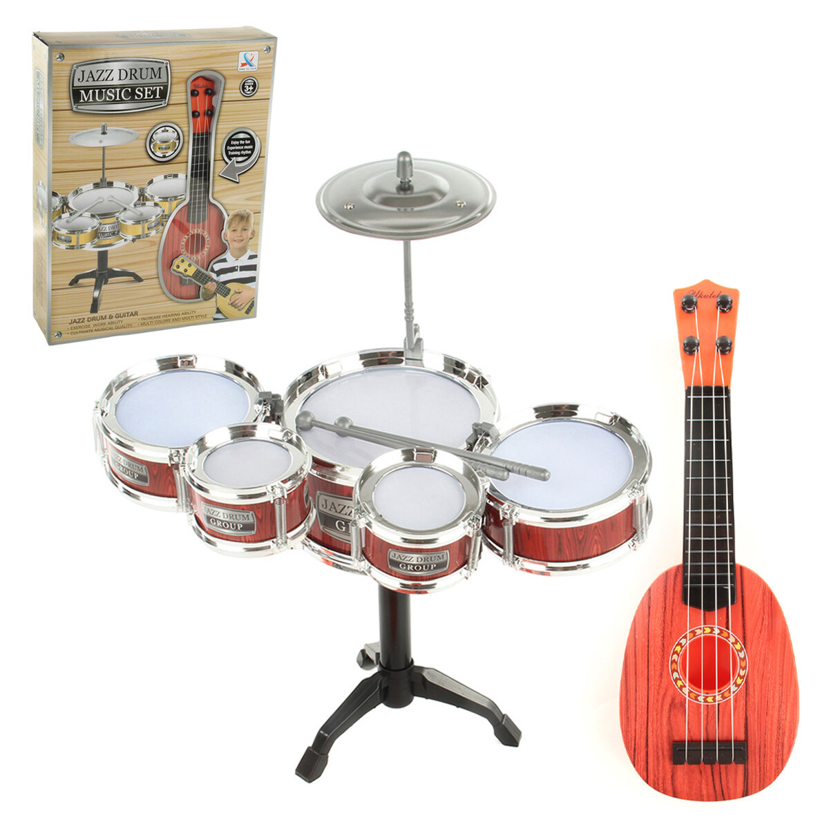 Набор детских музыкальных инструментов, Veld Co / Игрушечная гитара и барабанная установка для детей