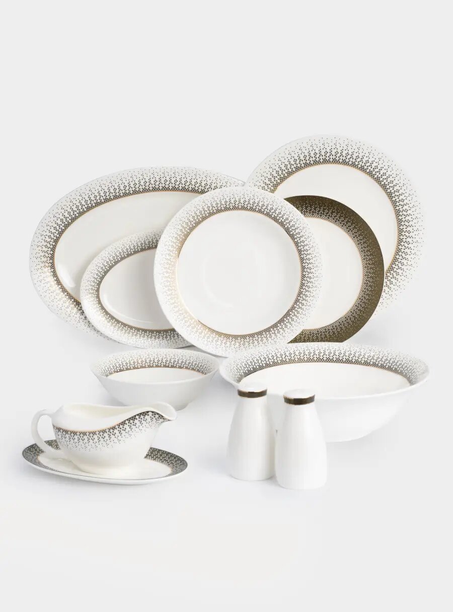 Сервиз обеденный, 12 перс, 50 пр, фарфор F, бело-зеленый, с золотистым кантом, матовый, Virtus