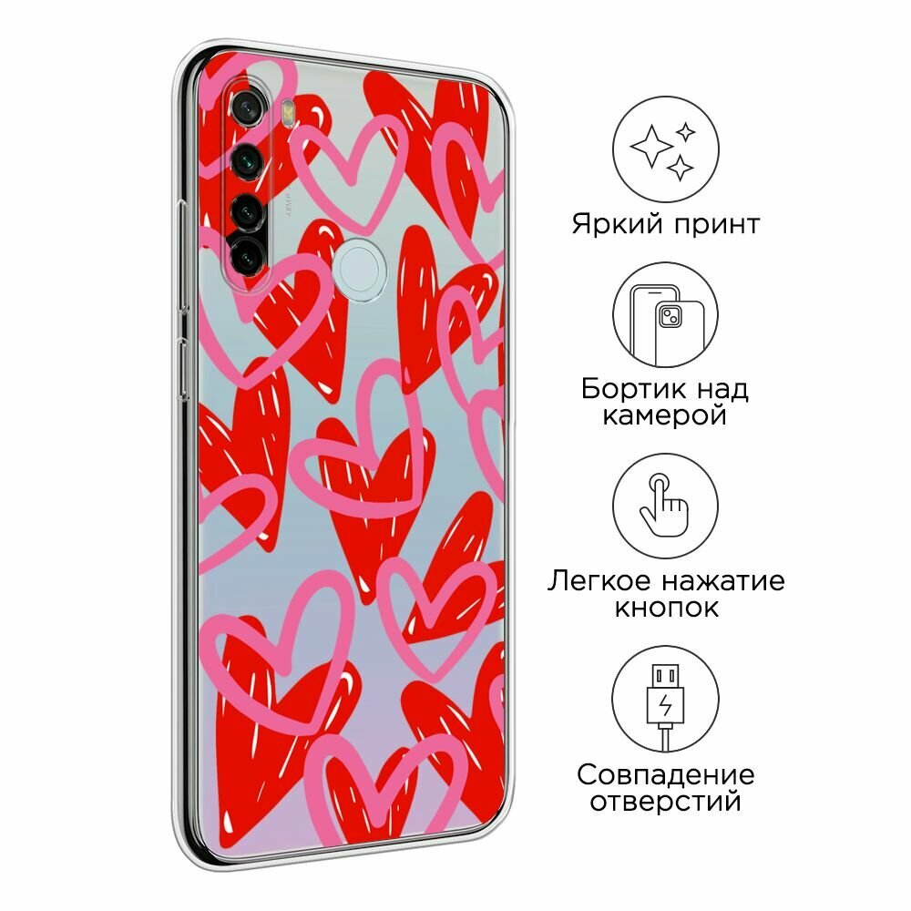 Чехол на Xiaomi Redmi Note 8T / Сяоми Редми Нот 8Т с принтом "Hearts doodles - 14 февраля", прозрачный — фото 1