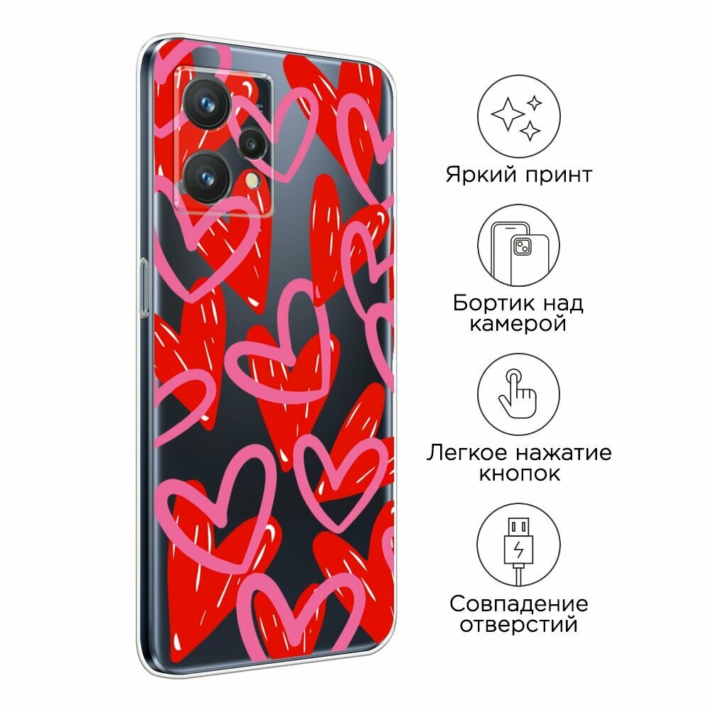 Чехол на Realme 9 4G/9 Pro Plus / Реалми 9 4G/9 Pro Plus с принтом "Hearts doodles - 14 февраля", прозрачный — фото 1