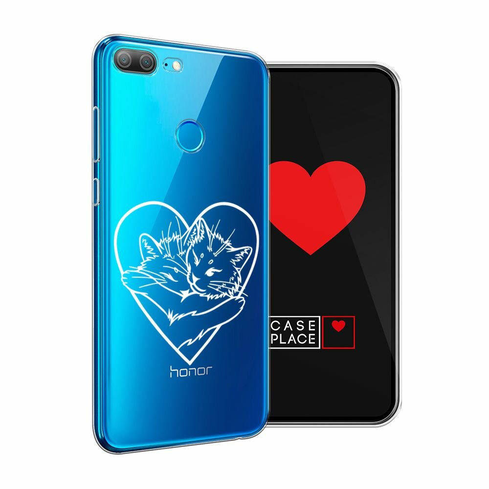 Чехол на Honor 9 Lite / Хонор 9 Лайт с принтом "Влюблённые котики рисунок 2 - 14 февраля", прозрачный — фото 1