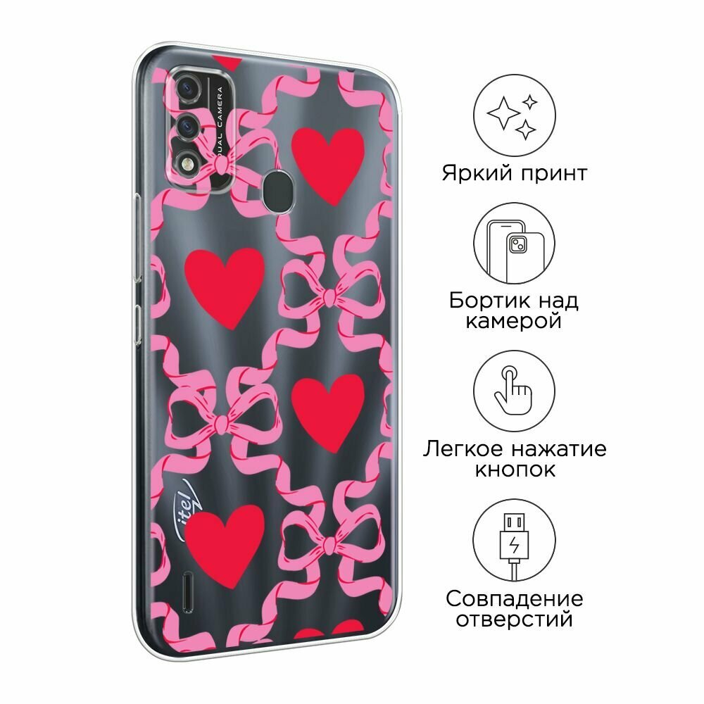 Чехол на Itel A48 / Ител А48 с принтом "Hearts and ribbons 2 - 14 февраля", прозрачный — фото 1