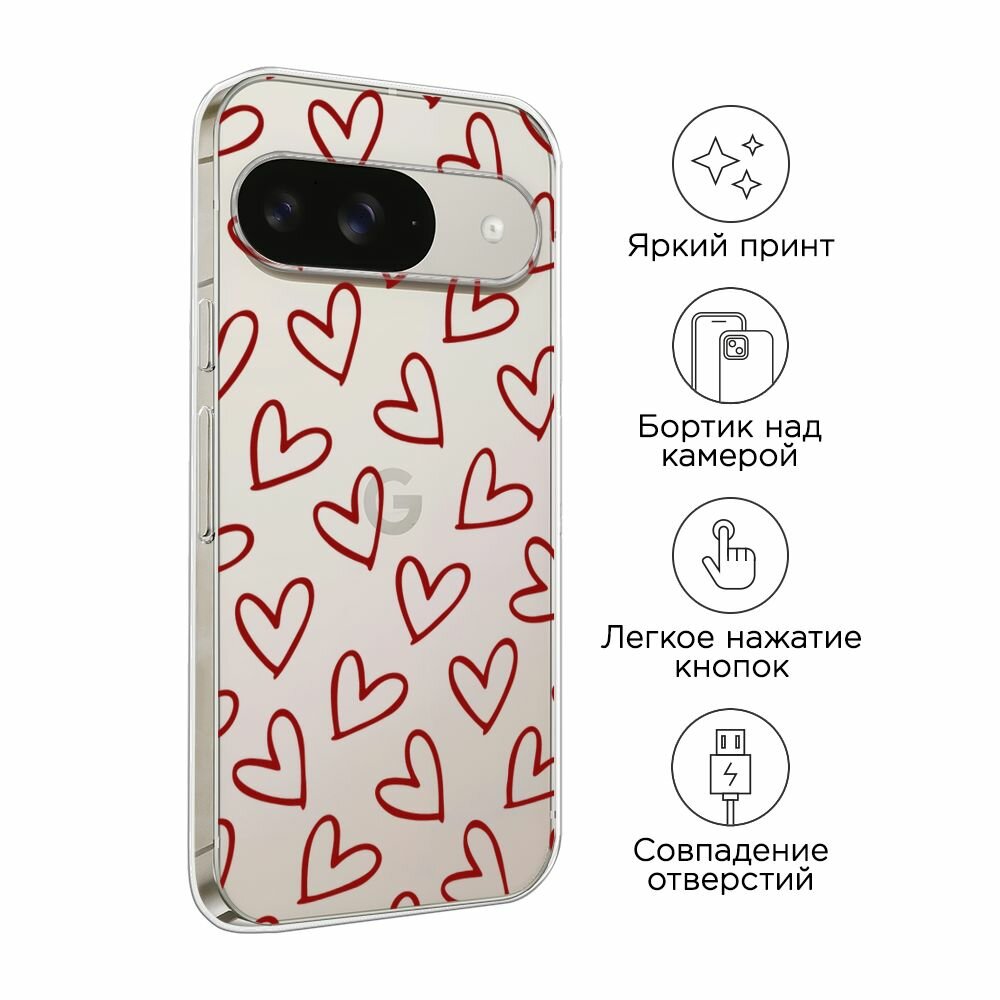 Чехол на Google Pixel 9 / Гугл Пиксель 9 с принтом "Little hearts doodles 2 - 14 февраля", прозрачный — фото 1