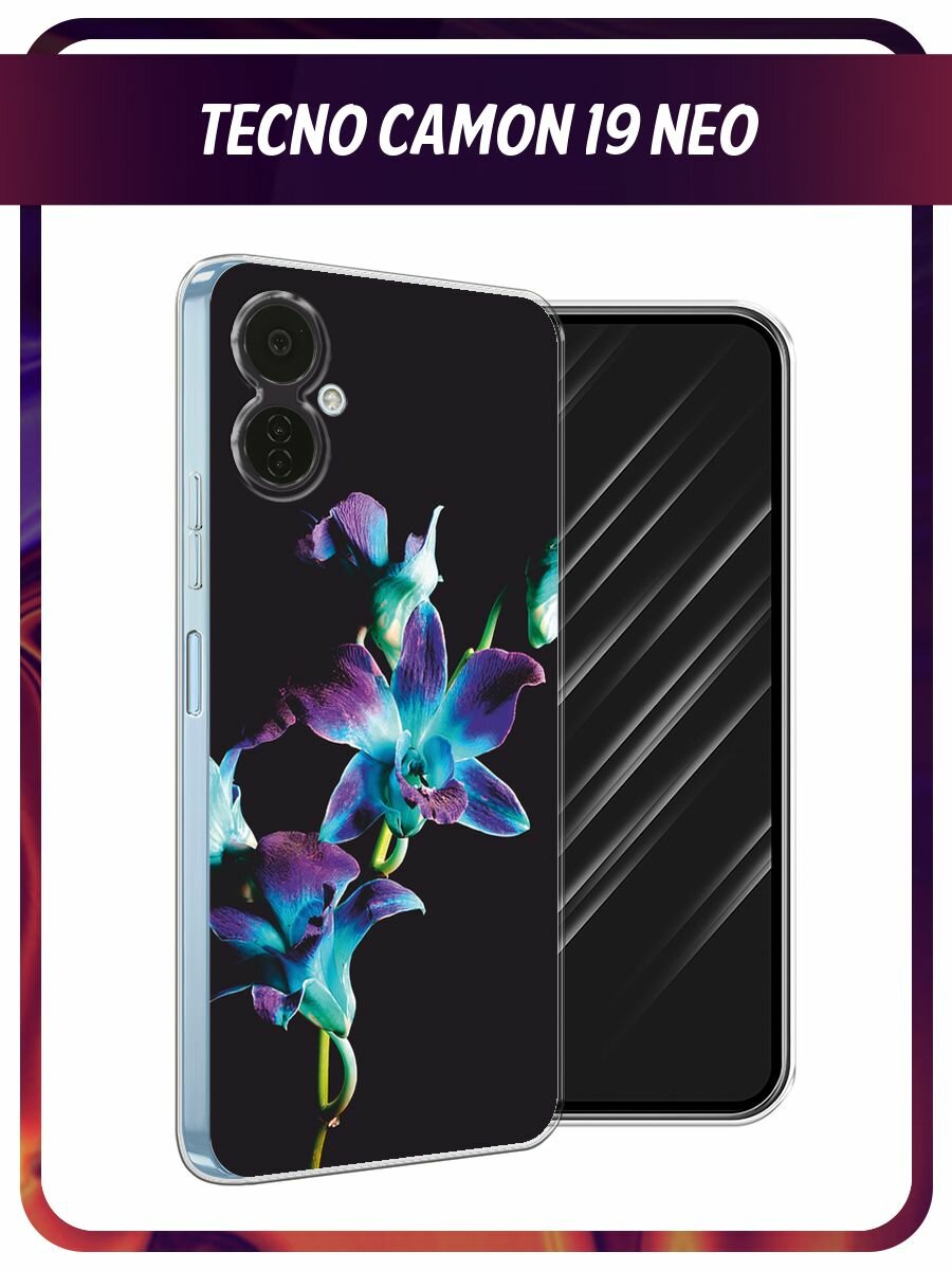 Чехол на Tecno Camon 19 Neo / Техно Камон 19 Нео с принтом "Синий цветок на черном"