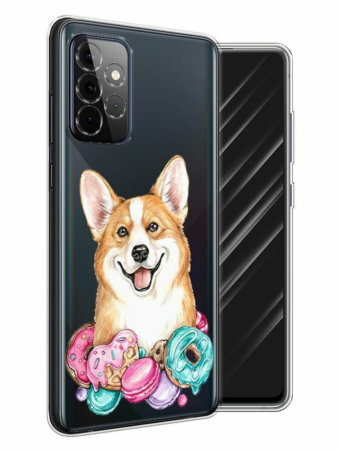Чехол на Samsung Galaxy A72 / Самсунг Галакси А72 с принтом "Корги и сладости", прозрачный