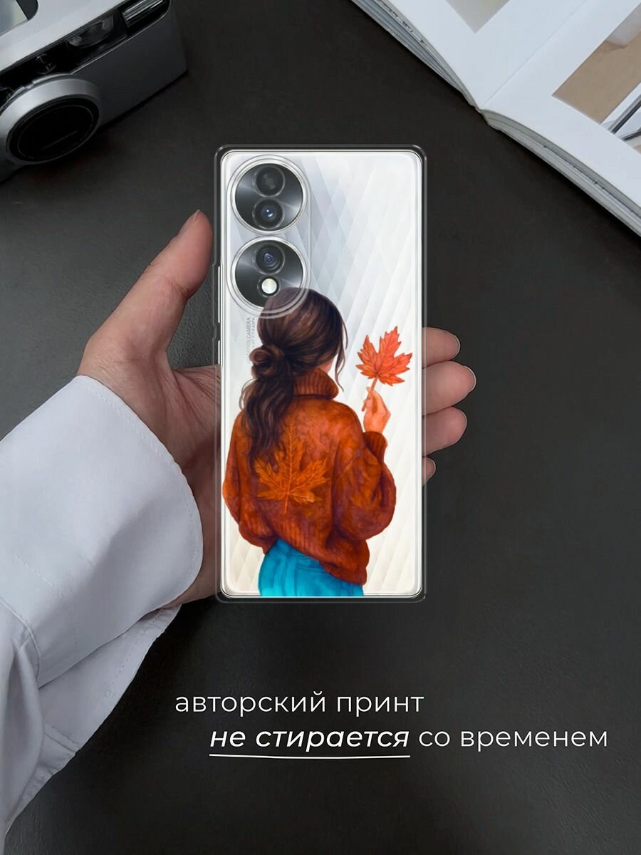 Чехол на Honor 70 / Хонор 70 с принтом "Девушка с опавшим листом", прозрачный — фото 1