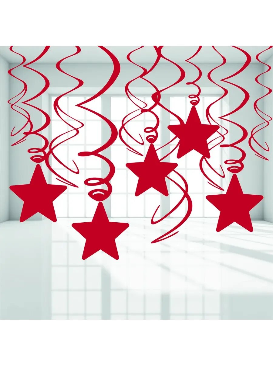 Спираль Декор Звезды, Красный, 12 шт / 6 спиралей со звездами + 6 без звезд