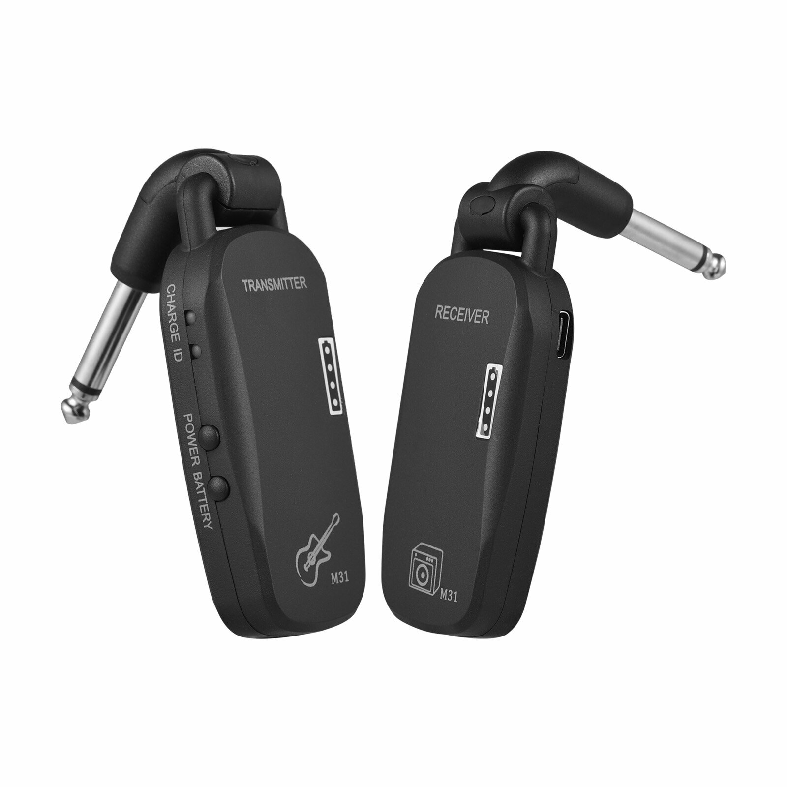 Система 2.4G беспроводного звука для электрогитары и баса: передатчик и приемник, заряжаемые, портативные, материал ABS, мощность RF 10мВт, искажения <0.05%, SNR >90дБ, частота 48К 24бит, задержка <8мс, диапазон 20Гц-20КГц, дальность >50 метров, батарея