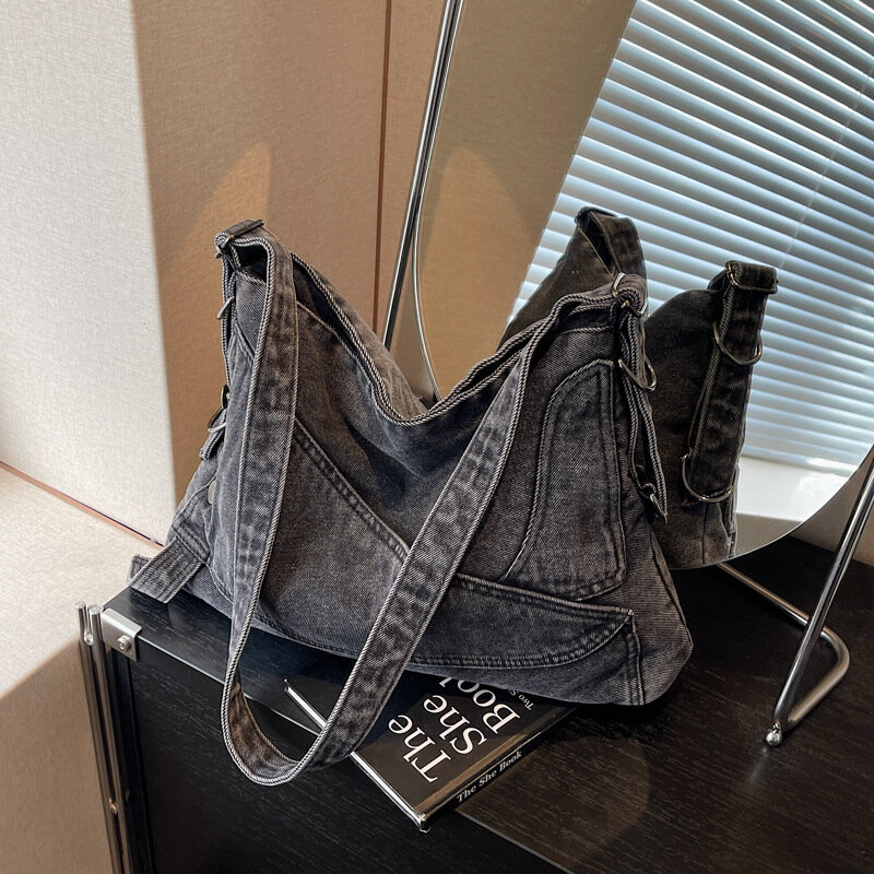 Женская винтажная джинсовая сумка большой вместимости для путешествий, новая повседневная сумка через плечо 2025 года, сумка-тоут для работы.