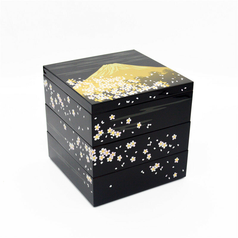 Средний японский лакированный бенто-ящик с 3-мя ярусами и дизайном горы Фудзи, 15x15x15 см, идеально подходит для обеда