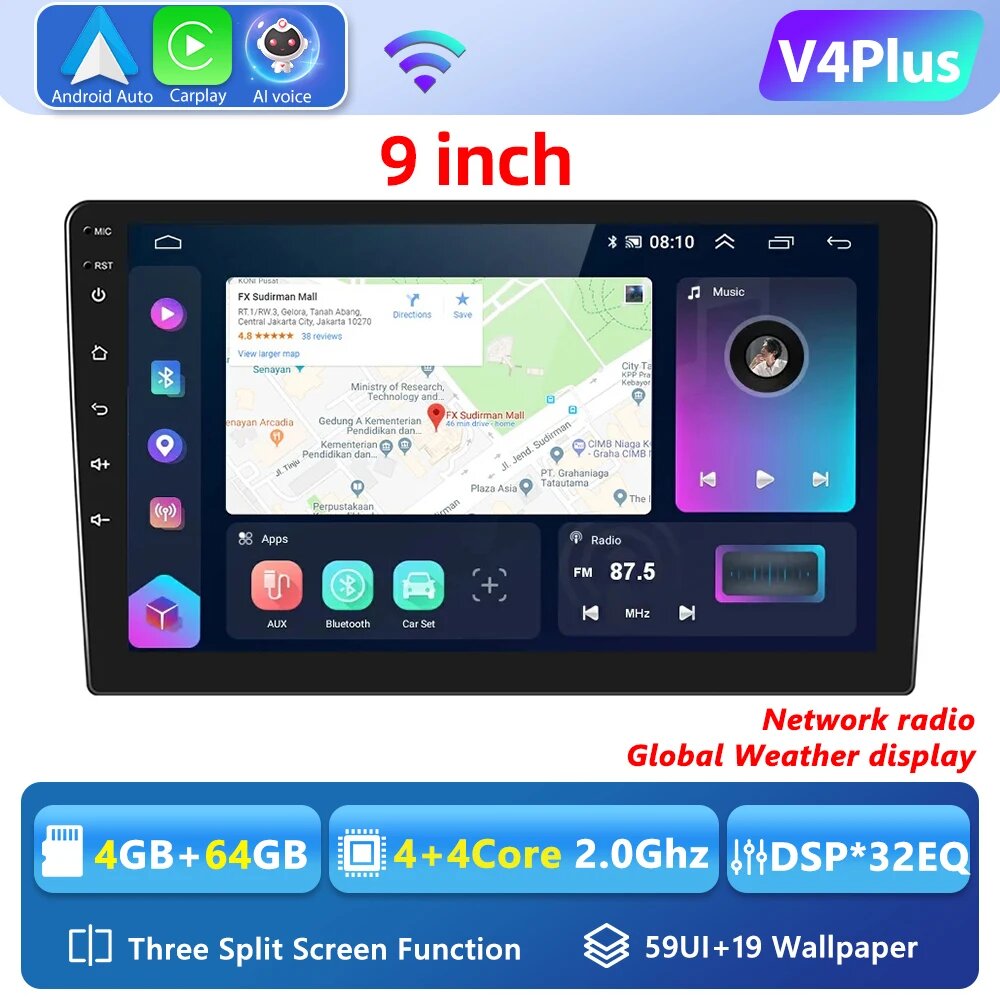 Podofo 8G 128G 2din автомобильный Android радио мультимедийный плеер 7/9/10 "GPS 9inch 4-64G 32EQ