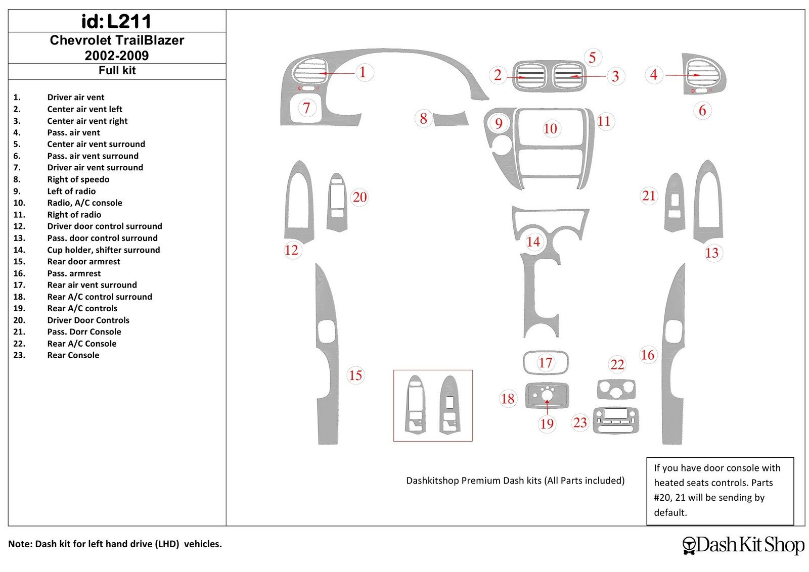 Накладки салона под дерево, карбон, алюминий для Chevrolet Trail Blazer 2002-UP. Комплект L211.