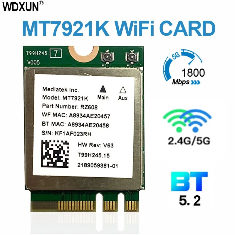 Wi-Fi 6 MediaTek MT7921k MT7921 Wi-Fi 6 1800M Bluetooth 5.2 беспроводная сетевая карта WIFI NGFF m.2 поддержка Windows10/11