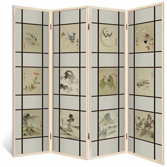 Ширма перегородка Декор Депо для комнаты деревянная "Коллекция Суми-Э" двухсторонняя с картинкой (уют) 4 створки кремовый дуб 176х185 см 14 кг