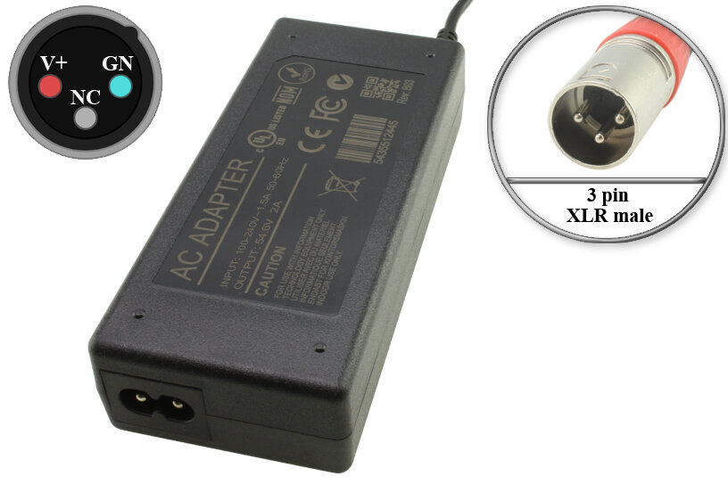 Адаптер (блок) питания 54.6V, 2A,110W, XLR 3pin male, ЗУ для гироскутера, электро-самоката для Li АКБ типа 13S (48V)