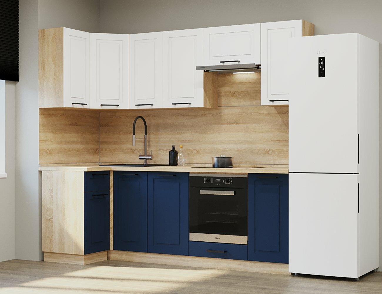 Кухонный угловой гарнитур Аликанте, 1000х2450 мм, шарли белый / океания