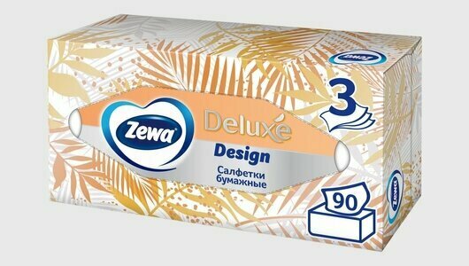 Салфетки бумажные Zewa Deluxe косметические дизайн коробки в ассотрименте 3-х слойные 90 шт