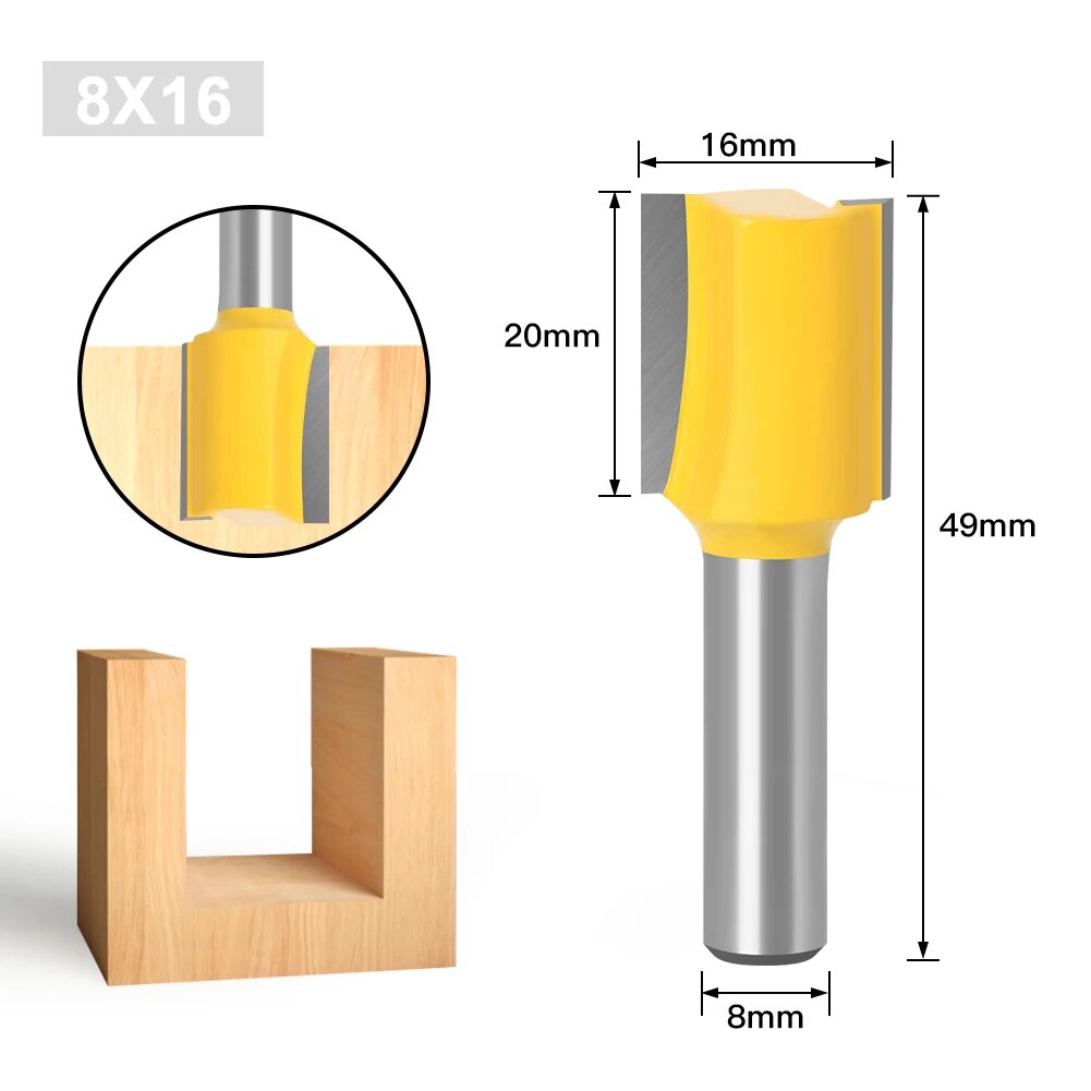 Набор прямых деревообрабатывающих фрез с хвостовиком 8 мм, плотницкий фрезерный станок 3/6,35/10/12,7/16 мм, диаметр резки 8X16