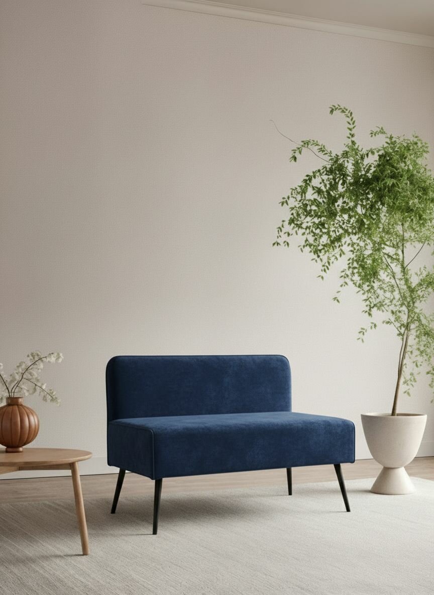 Диван прямой Ион синий велюр для офиса, дома, зоны ожидания, кухни