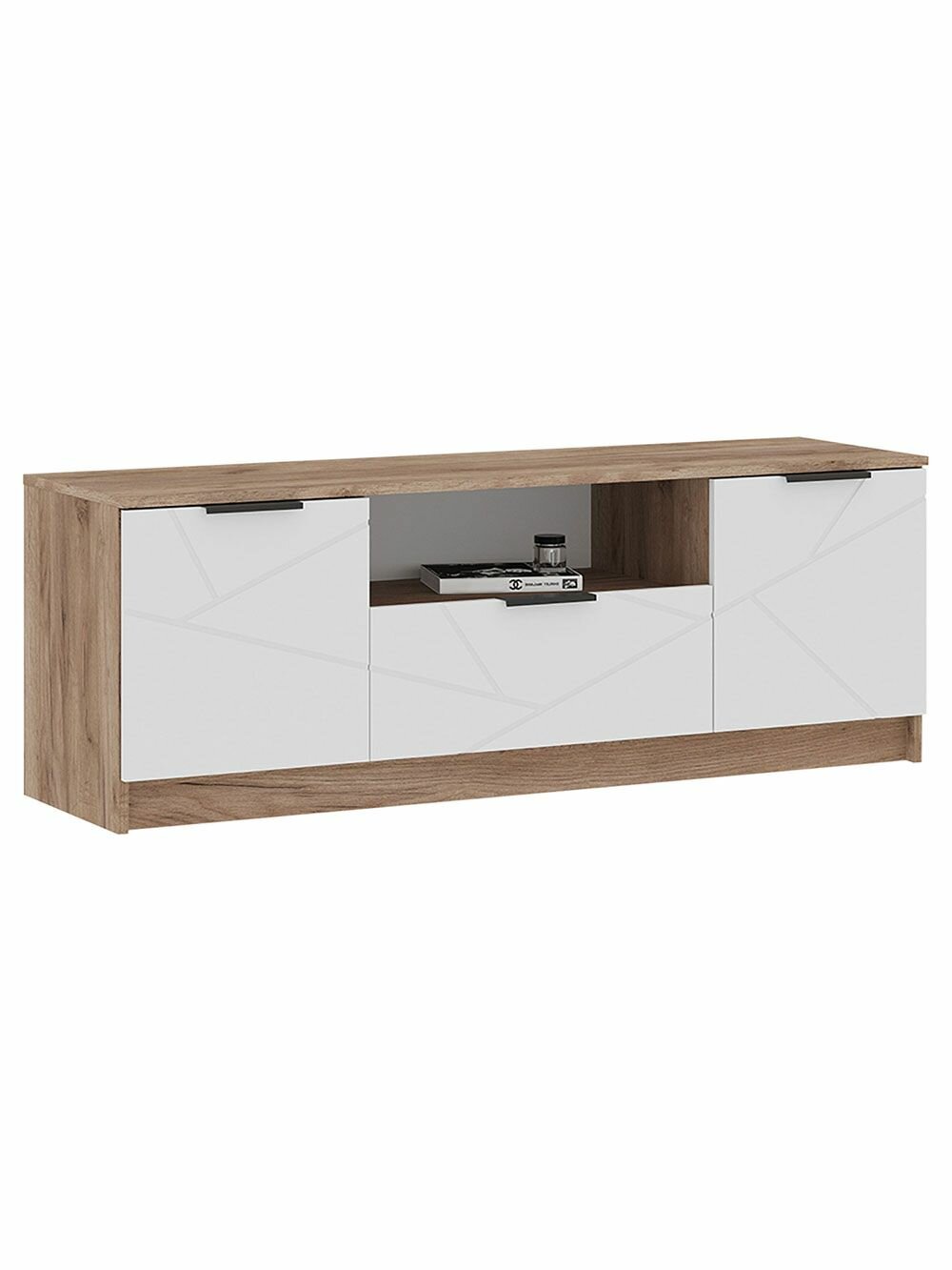 Тумба под телевизор напольная Орегон Комби ТВ с полками, с ящиком, 140х40х50 см, Дуб Крафт табачный, ЛДСП / Белый супермат, МДФ