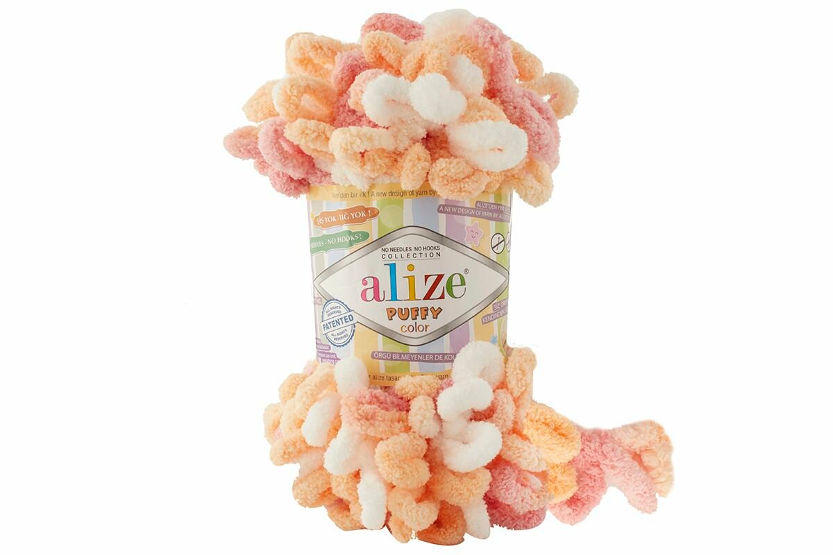 Пряжа для вязания Puffy Color Alize 1 моток (9 м, 100 гр), цвет 6355 белый-розовый-персик
