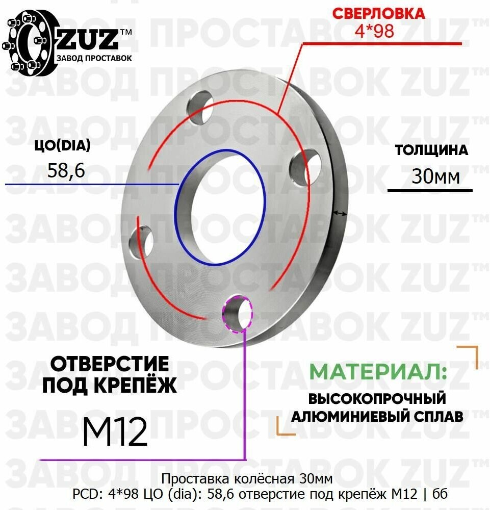 Проставка колёсная 30мм 4*98 ЦО 58,6 отверстие под крепёж М12 ступичная без бортика для дисков на ступицу 4x98 4х98