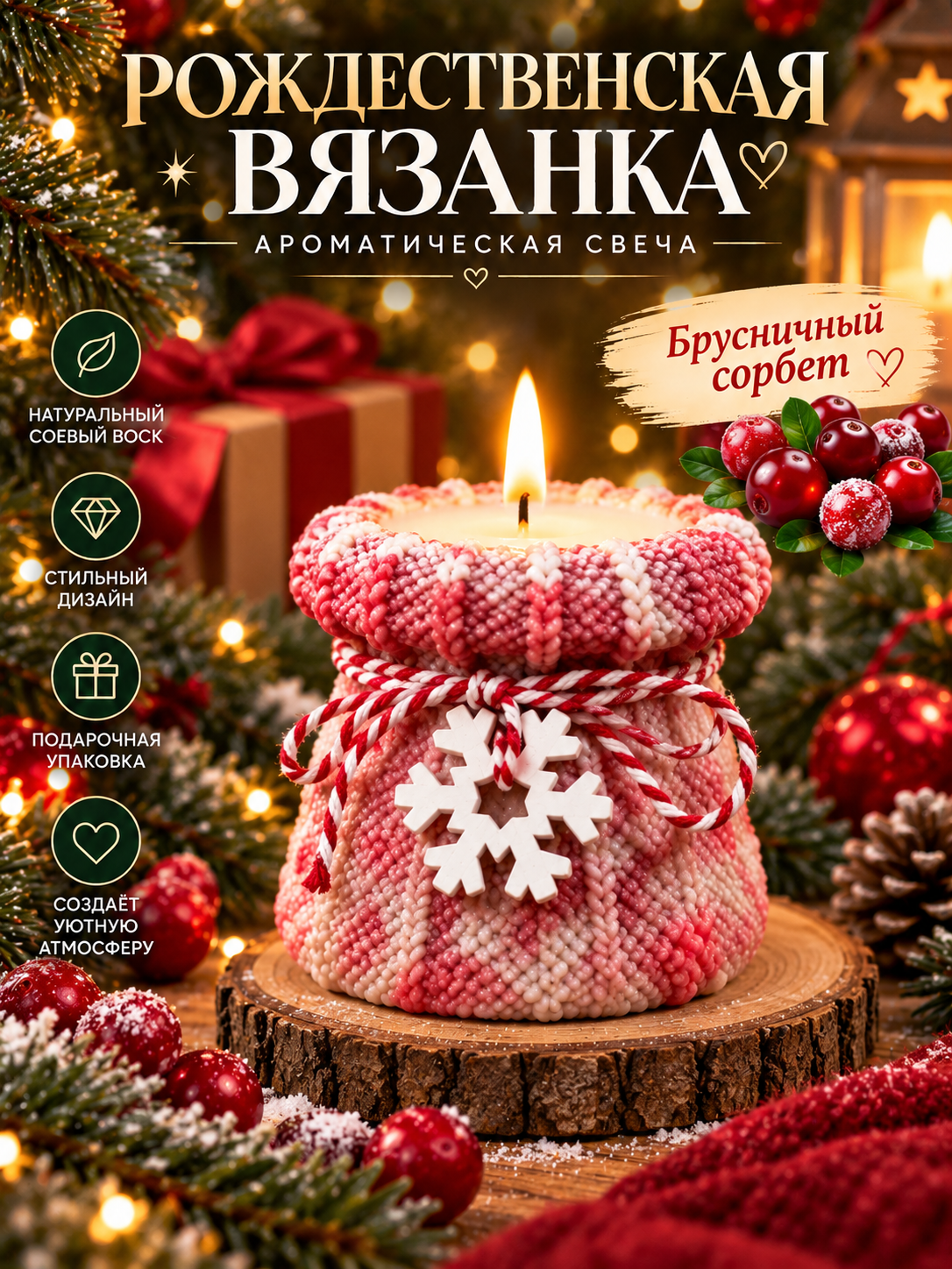 Свеча "Вязанка" с ароматом "Брусничный сорбет". Уют и зимнее волшебство в вашем доме. Цвет красный.