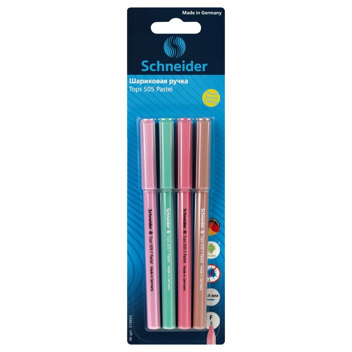 Набор шариковых ручек Schneider Tops 505 F Pastel (0.4мм, синие) 4шт, блистер (319654), 10 уп.