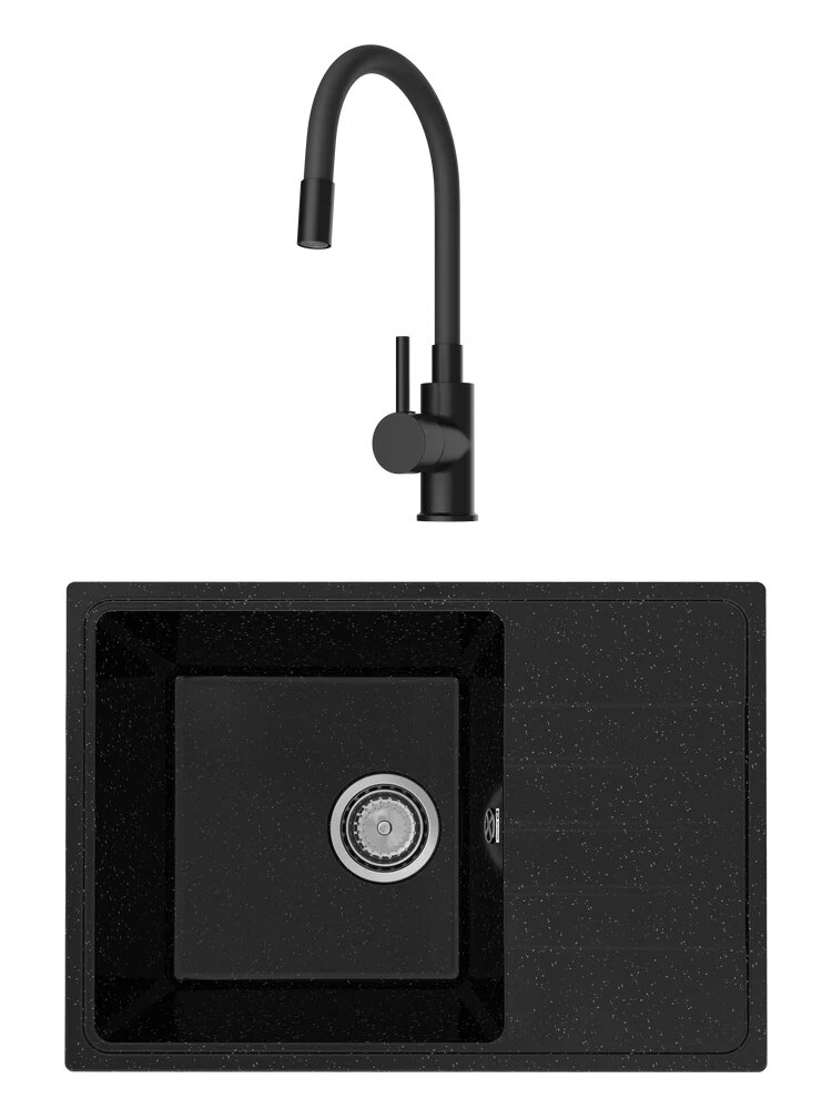 Комплект Мойка Practik PR-M 600-004 60x42, черный оникс, искусственный мрамор / Смеситель Domaci Равенна DMC01150BK с гибким изливом, матовый черный, с гибким изливом, матовый черный
