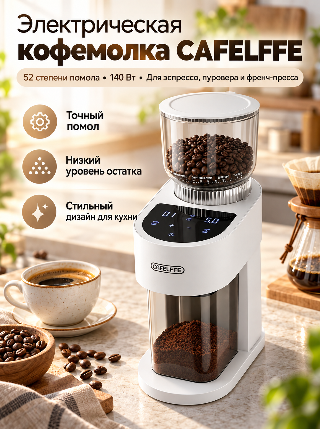 Кофемолка CAFELFFE, электрическая, 140Вт, контейнер для зёрен 250 г, 52 степеней помола, жерновая, для дома, белый
