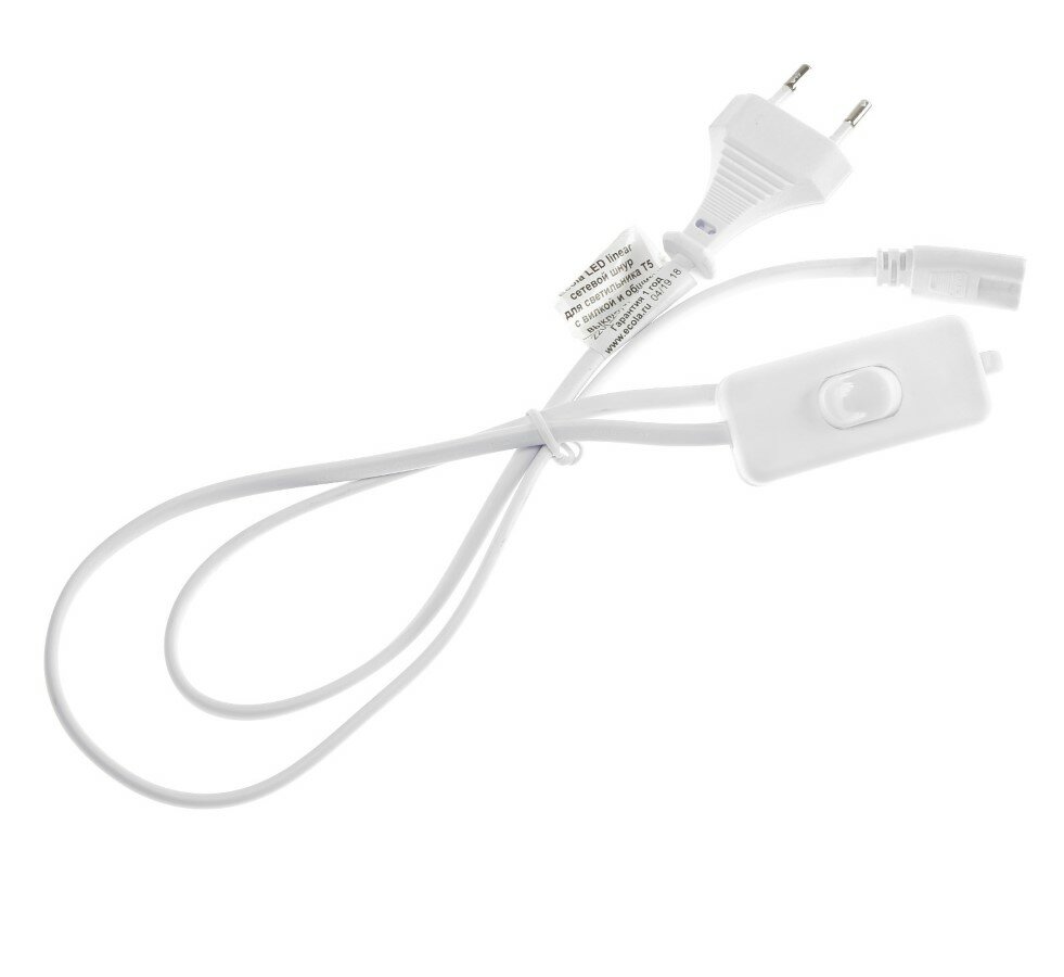 Шнур сетевой Ecola LED linear, для светильника T5 с выключателем, белый, 1м