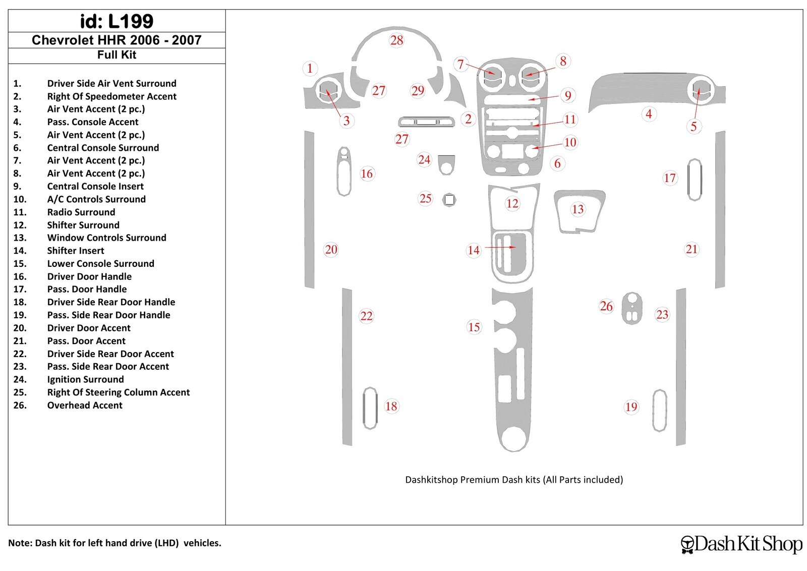 Накладки салона под дерево, карбон, алюминий для Chevrolet HHR 2006-2007. Комплект L199.