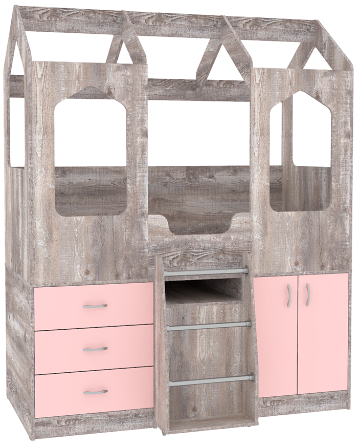 Кровать чердак Домик Сказка с выдвижным столом ДС-14 Бетон Розовый