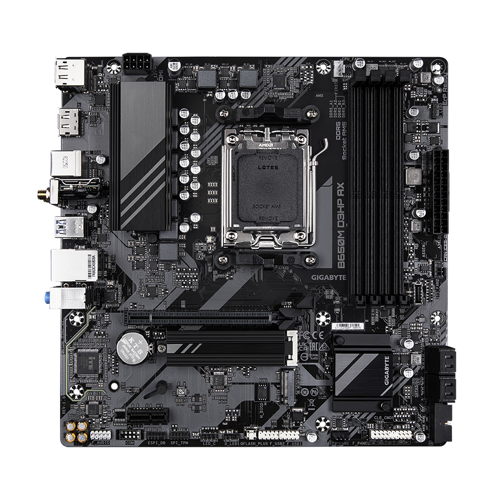 GIGABYTE Материнская плата SocketAM5 GIGABYTE B650M D3HP AX (AMD B650, 4xDDR5, M.2, SATA III, RAID, PCI-E, HDMI, 2xDP, 2.5Гбит LAN, WiFi, BT, USB3.2, Type-C, mATX) (ret)