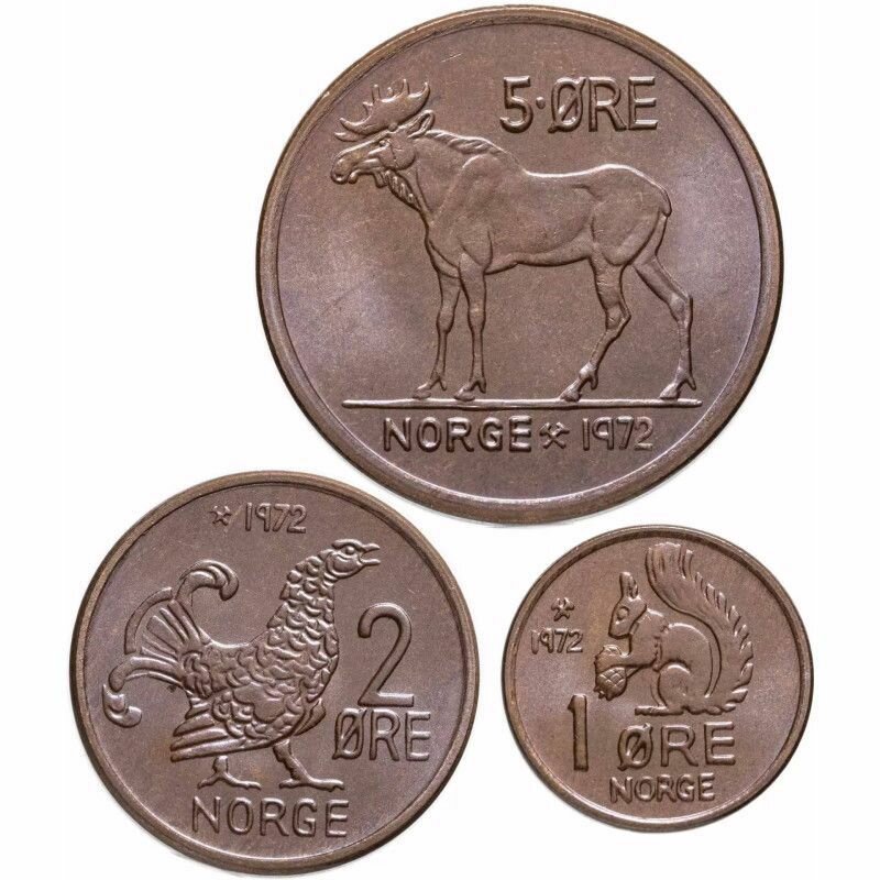 Набор монет Норвегии 1972 года. 1, 2, 5 эре. Животные.