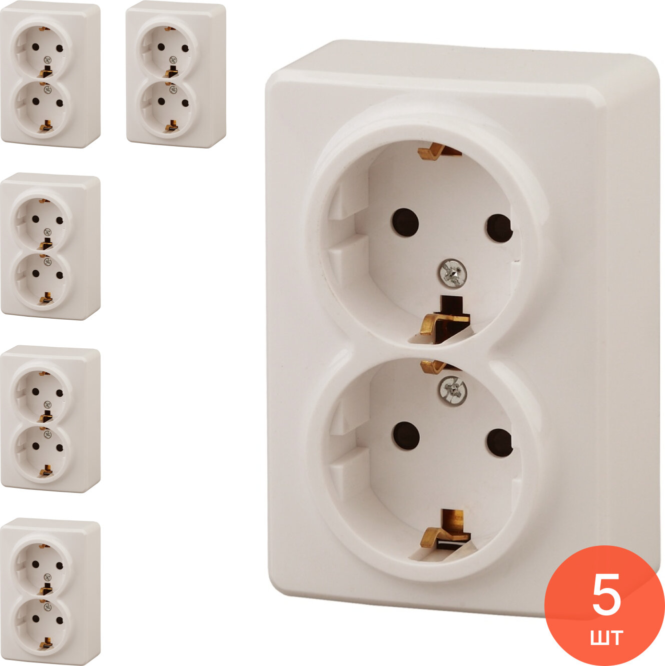Розетка силовая штепсельная ЭРА Эксперт 11-2205-02, 2х2P+E Schuko, 16А 250В IP20 слоновая кость, открытой установки с заземлением, Б0020692 / электрооборудование (комплект из 5 шт)