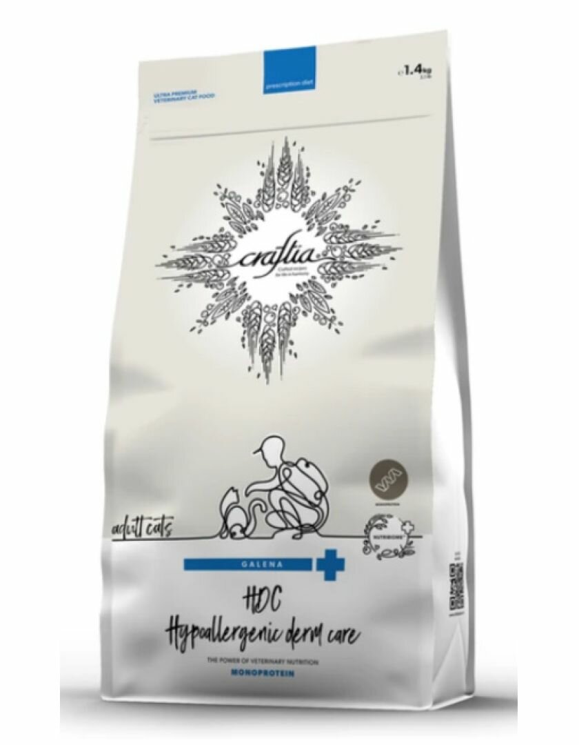 Craftia Galena Cat Hypoallergenic Derm сухой корм при пищевой аллергии и заболеваниях кожи для взрослых кошек 1,4 кг
