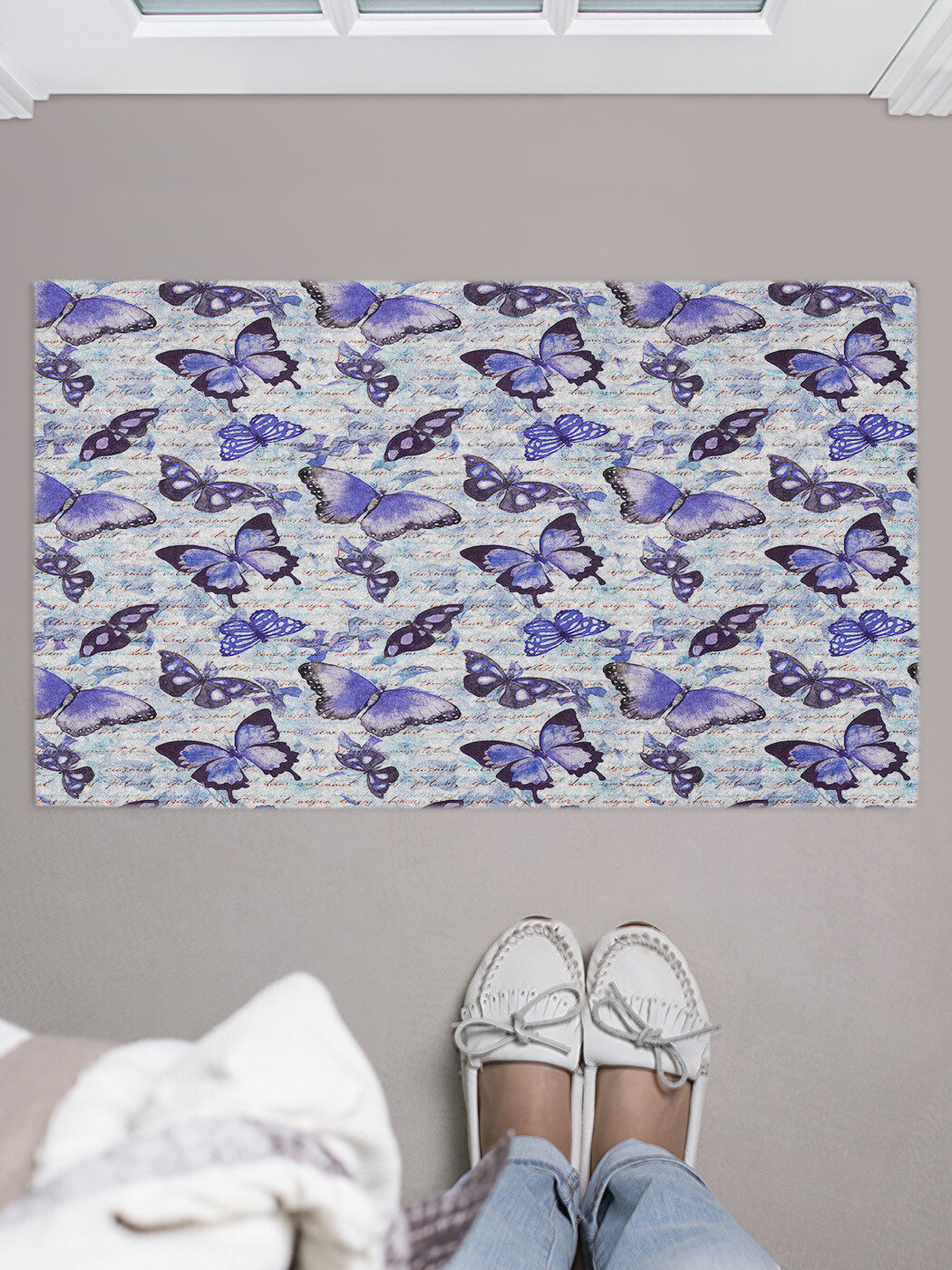 Коврик придверный в прихожую с принтом "Синие бабочки" 45 на 75 см , JoyArty