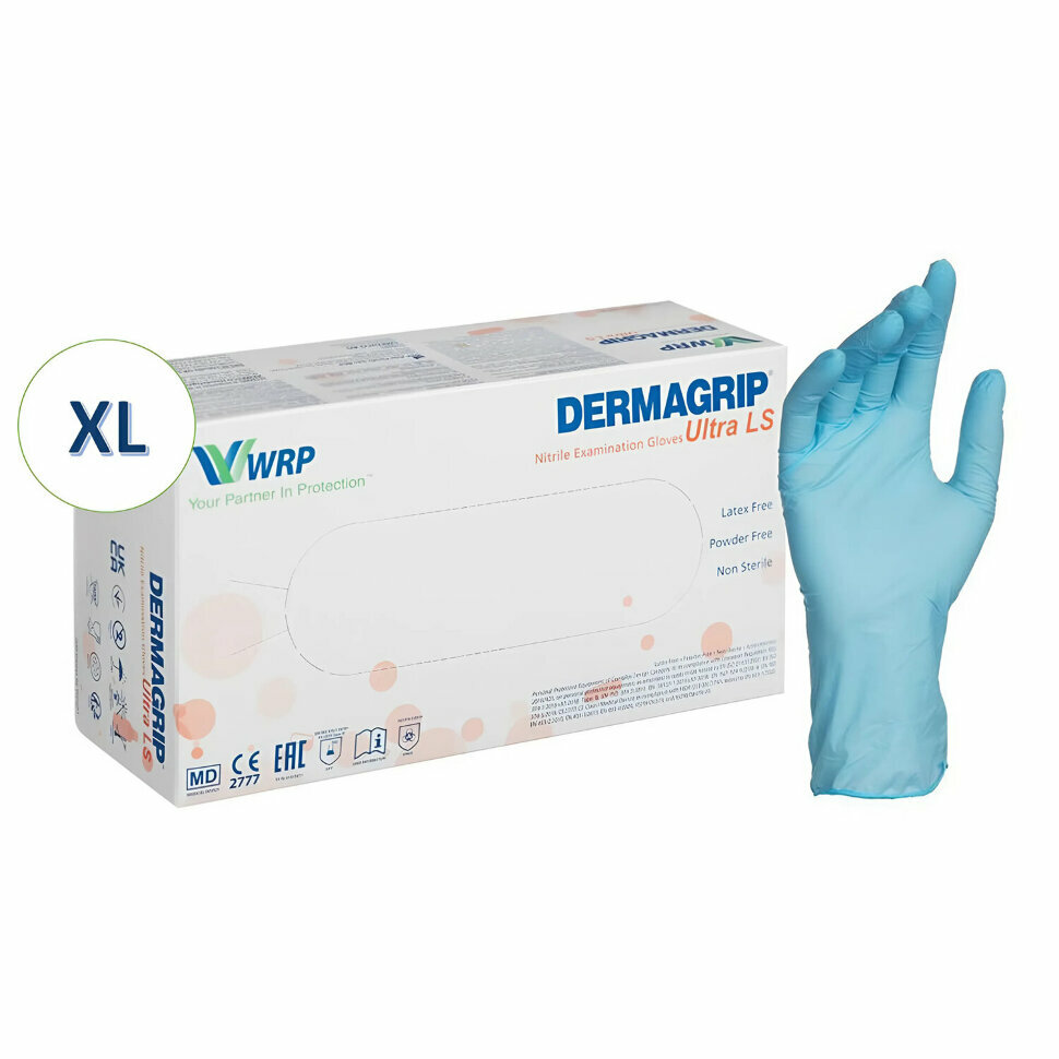 Перчатки нитриловые смотровые, 90 пар (180 шт.), повышенная чувствительность, размер XL (очень большой), DERMAGRIP Ultra, D1104-27, 630077