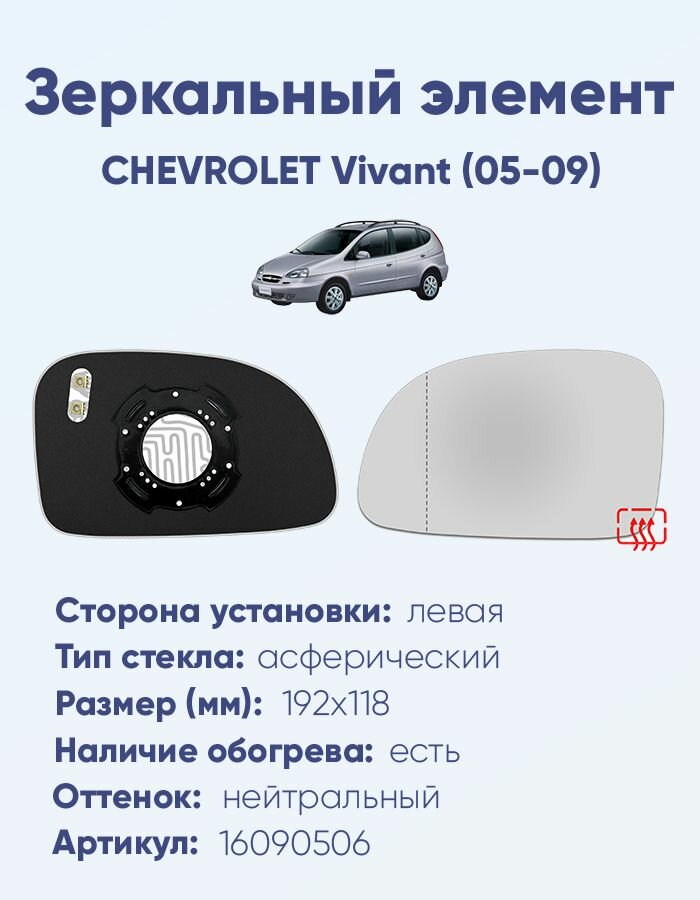 Зеркальный элемент левый CHEVROLET Vivant (05-09) асферика нейтральный с обогревом