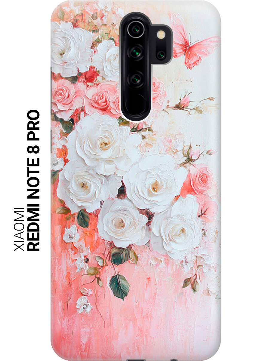 Силиконовый чехол на Xiaomi Redmi Note 8 Pro с принтом "Бабочка и розы"