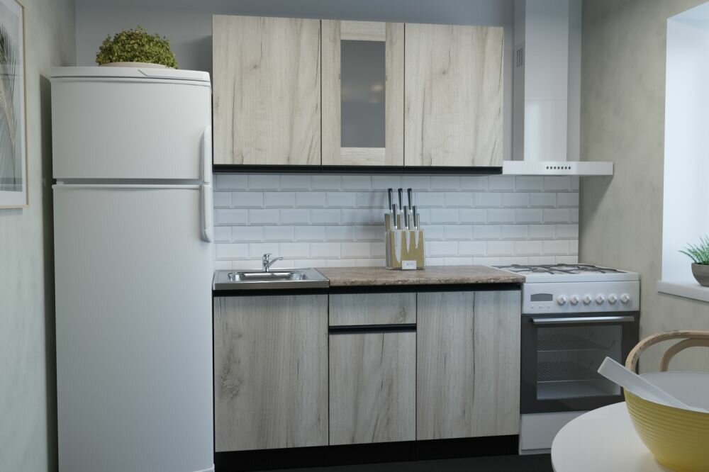 Кухонный гарнитур Равенна медиум 1400, Цвет Дуб браун, ширина 140 см, ширина 140 см, с навесными шкафами, с выдвижными ящиками, с тумбой под мойку